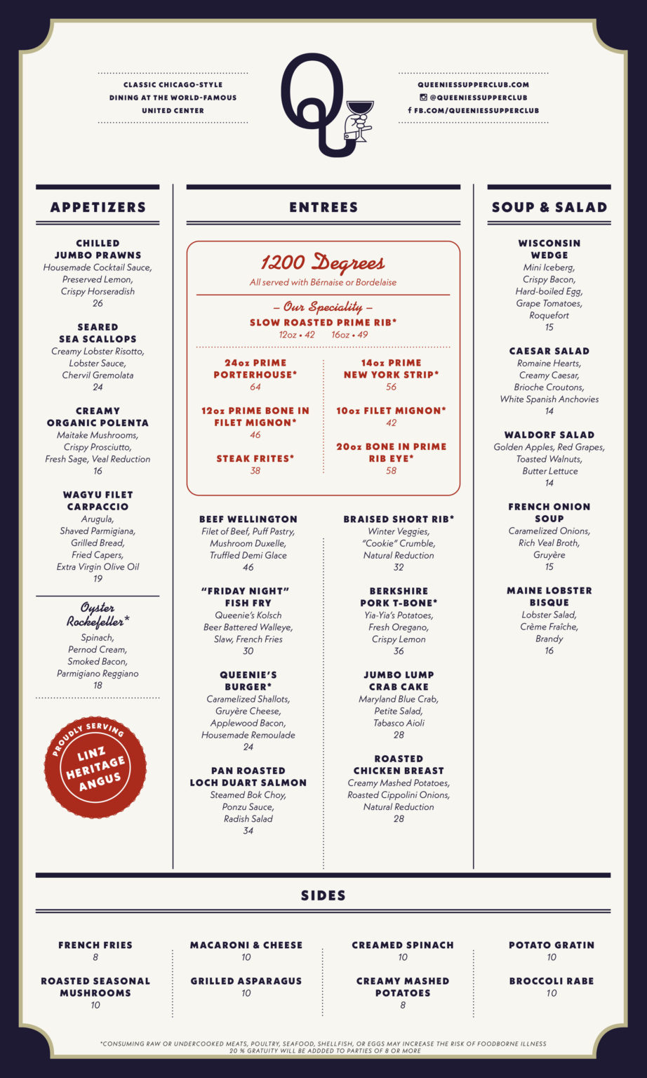 Food Menu - Queenie's Supper Club & Cocktails