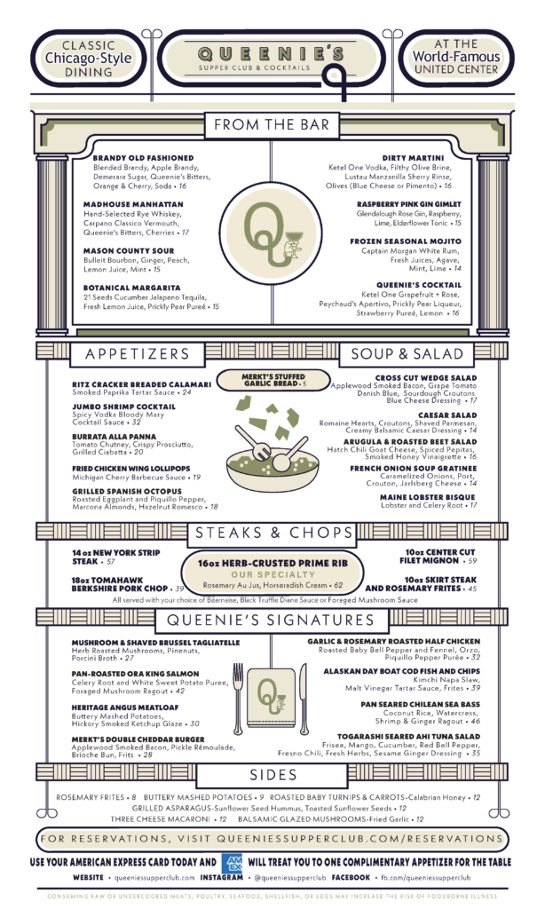 Food Menu - Queenie's Supper Club & Cocktails